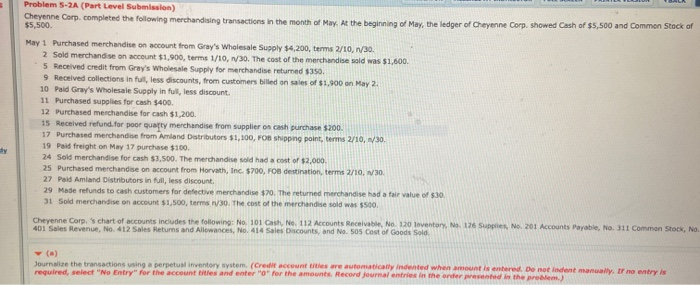 Solved Problem 5-2A (Part Level Submission) Cheyenne Corp. | Chegg.com