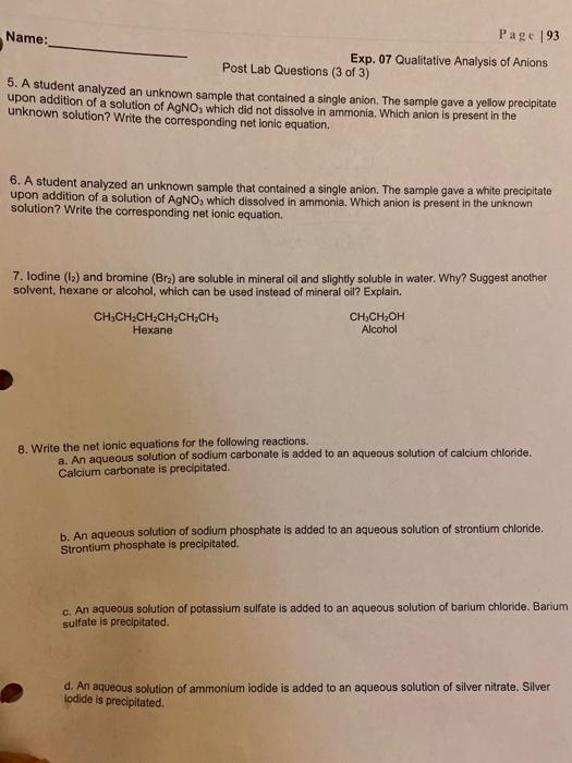 Solved Name: Page 93 Exp. 07 Qualitative Analysis of Anions | Chegg.com