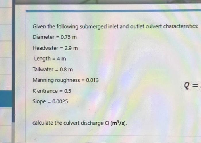 Solved Given the following submerged inlet and outlet | Chegg.com