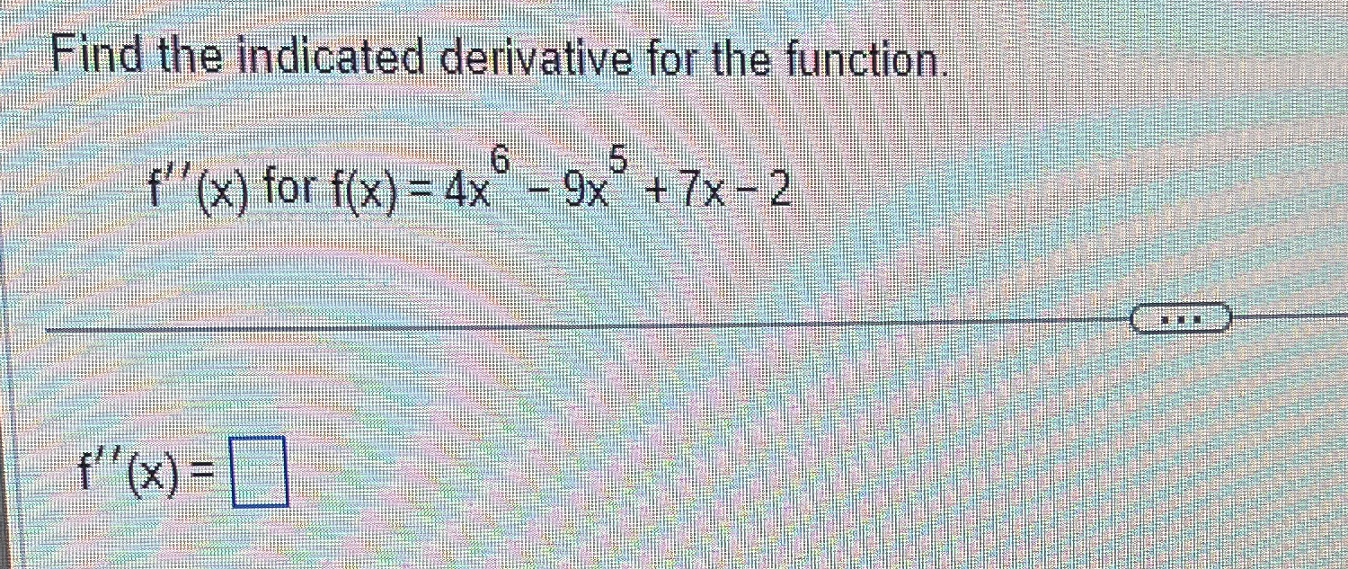 Solved Find the indicated derivative for the function.f''(x) | Chegg.com