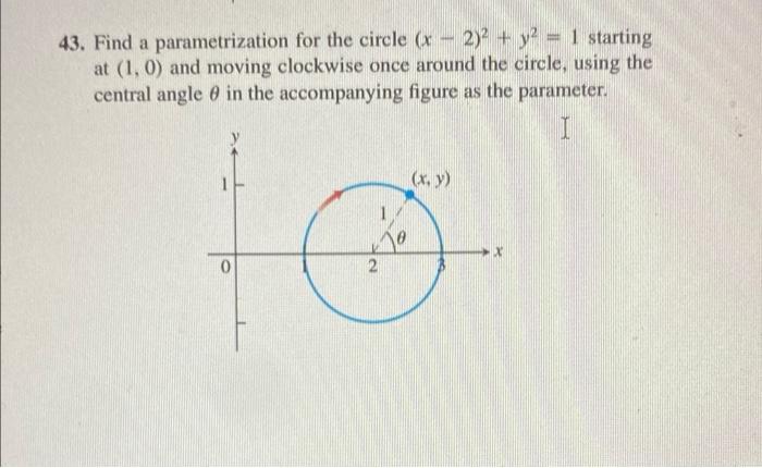 Solved 43. Find a parametrization for the circle (x - 2)2 + | Chegg.com
