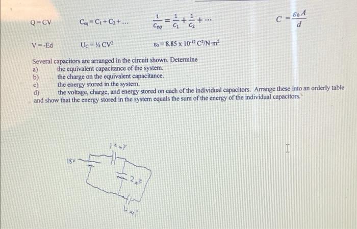 Solved Q-CV EA Con=C+C+... C Ceo d V=-Ed Uc=\CV2 80-8.85 x | Chegg.com