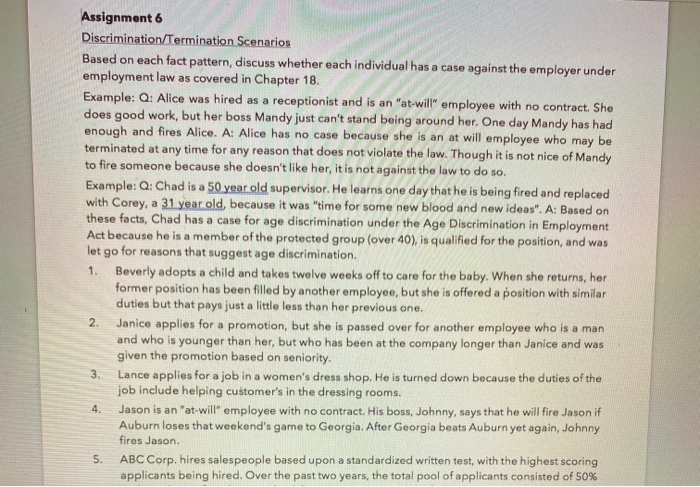 Solved Assignment 6 Discrimination/Termination Scenarios | Chegg.com