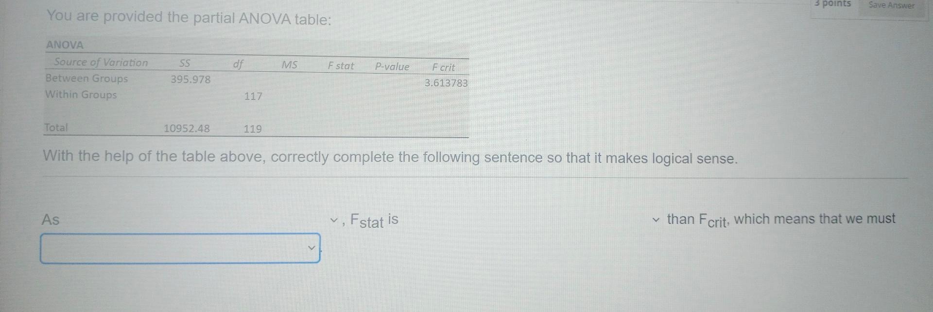 Solved Save Answ You are provided the partial ANOVA table: | Chegg.com