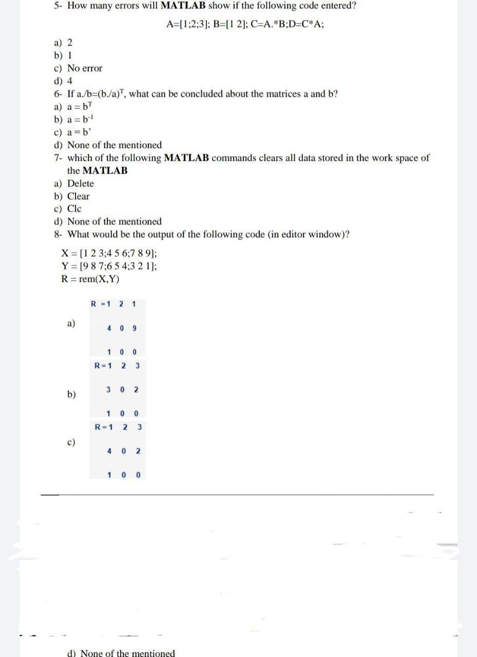 Solved 5. How many errors will MATLAB show if the following | Chegg.com