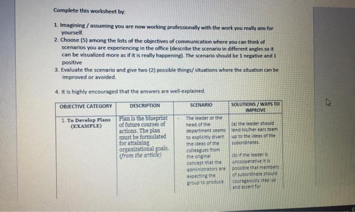 Complete this worksheet by: 1. Imagining / assuming | Chegg.com