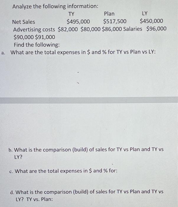 Solved Analyze the following information: TY Plan LY Net | Chegg.com
