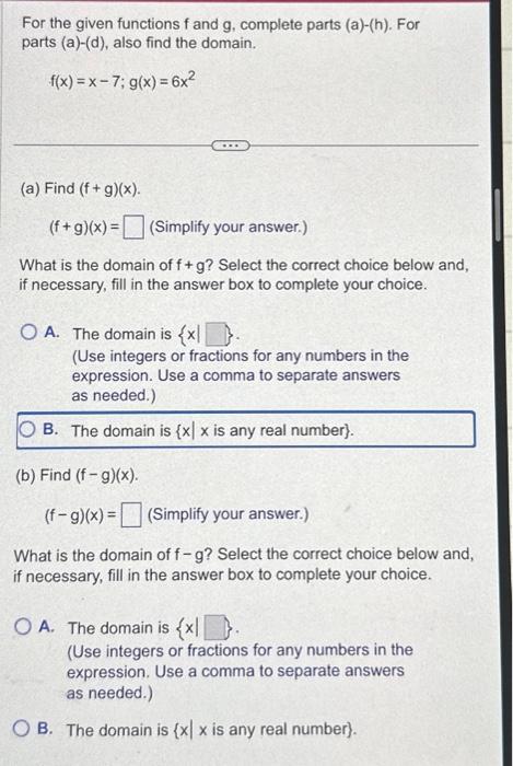 Solved For the given functions f and g, complete parts | Chegg.com