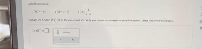 Solved Given the functions: f(x)=−7xg(x)=∣x−2∣h(x)=x−61 | Chegg.com