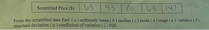 Solved From the scrambled data find: (a) arithmetic mean (b) | Chegg.com