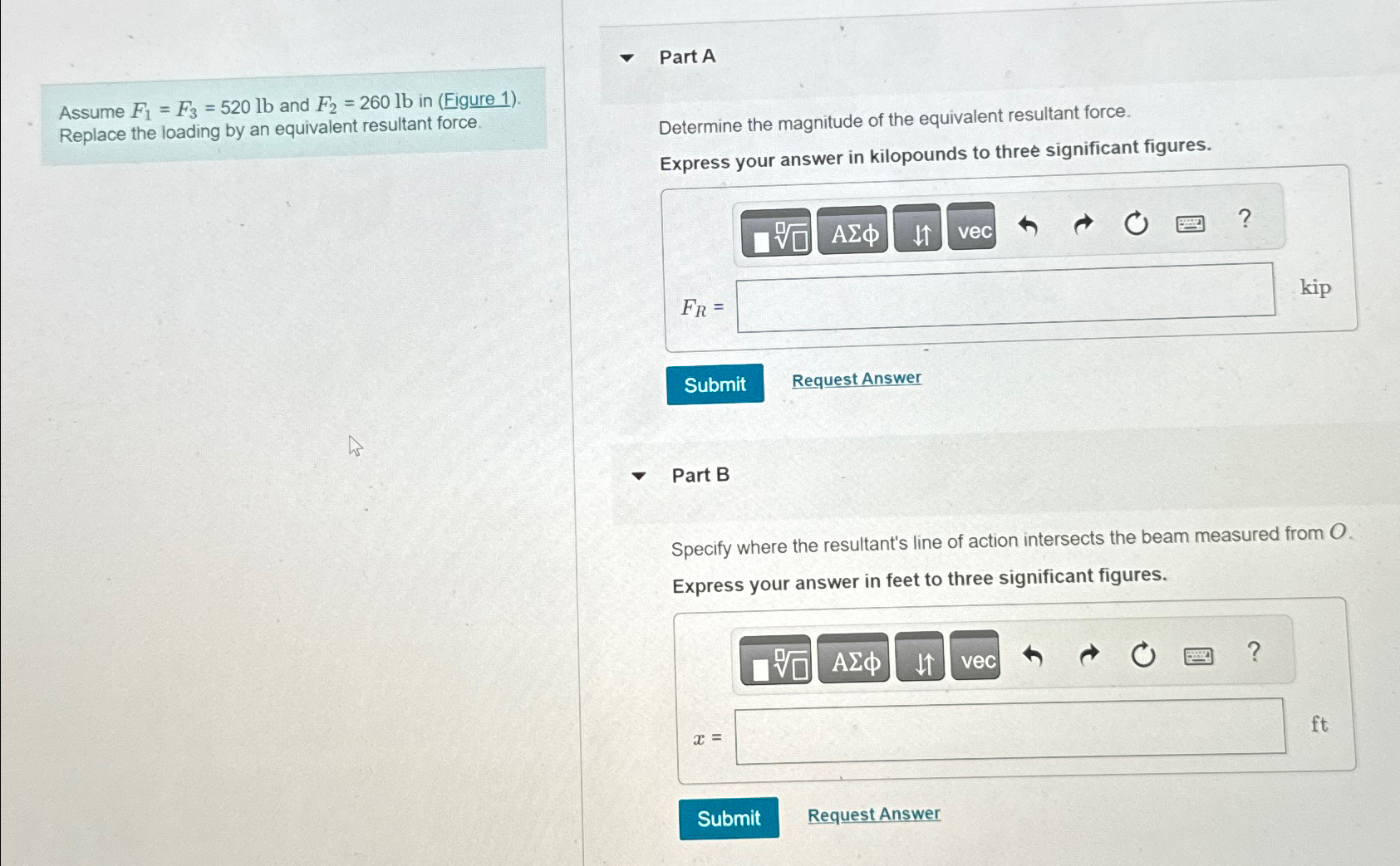 Part AAssume F1=F3=520lb ﻿and F2=260lb ﻿in (Figure | Chegg.com