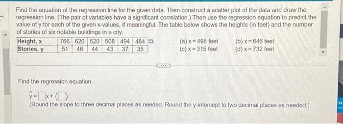 Solved Find the equation of the regression line for the | Chegg.com