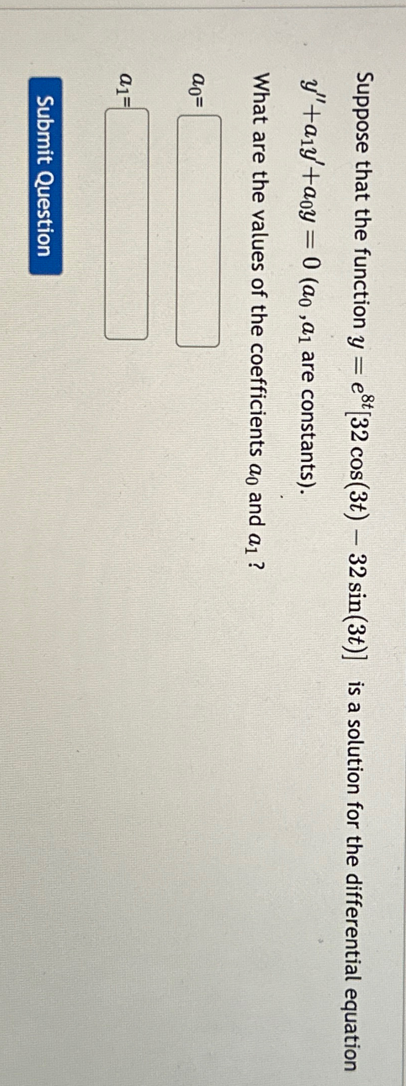Solved Suppose that the function y=e8t[32cos(3t)-32sin(3t)] | Chegg.com