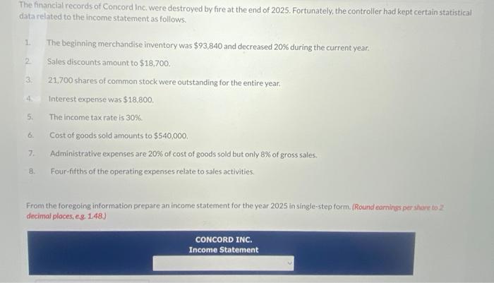 Solved The financial records of Concord Inc. were destroyed | Chegg.com