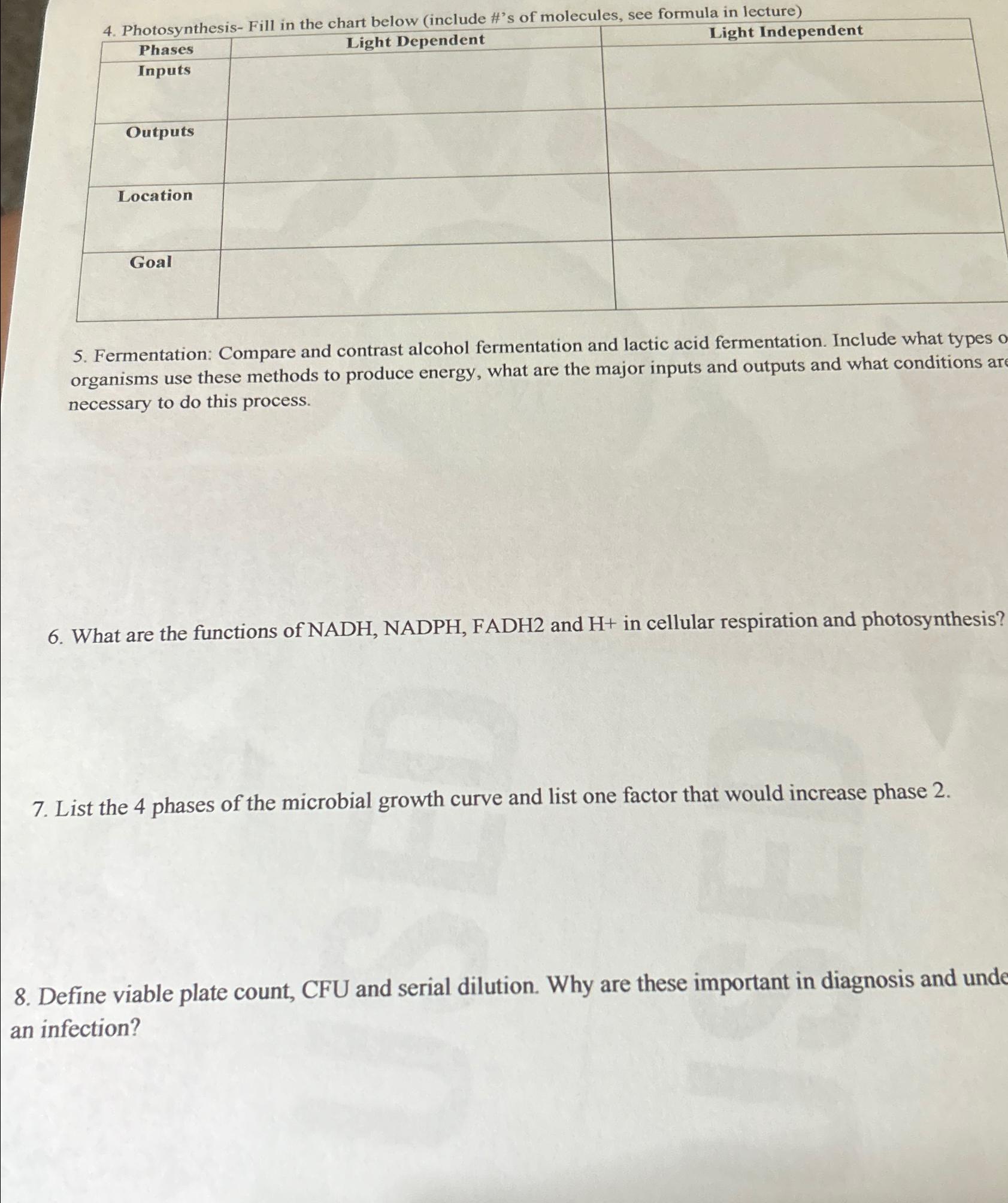 Solved Photosynthesis- ﻿Fill in the chart below (include #'s | Chegg.com
