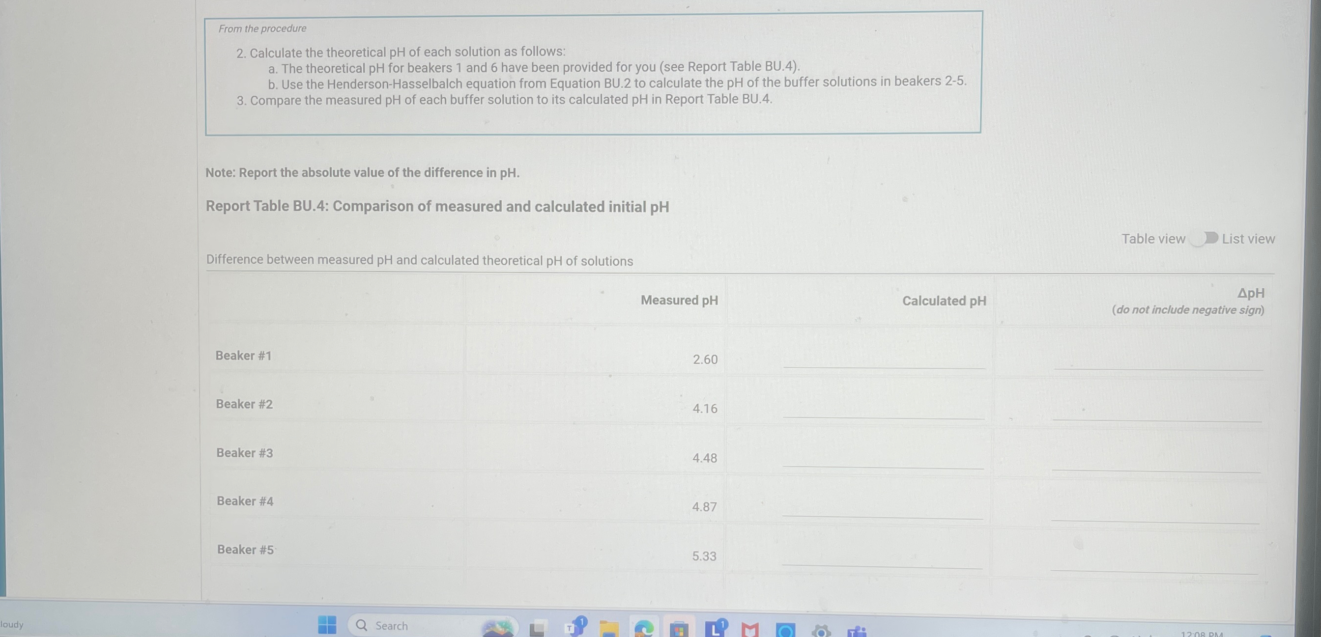From the procedure2. ﻿Calculate the theoretical pH | Chegg.com