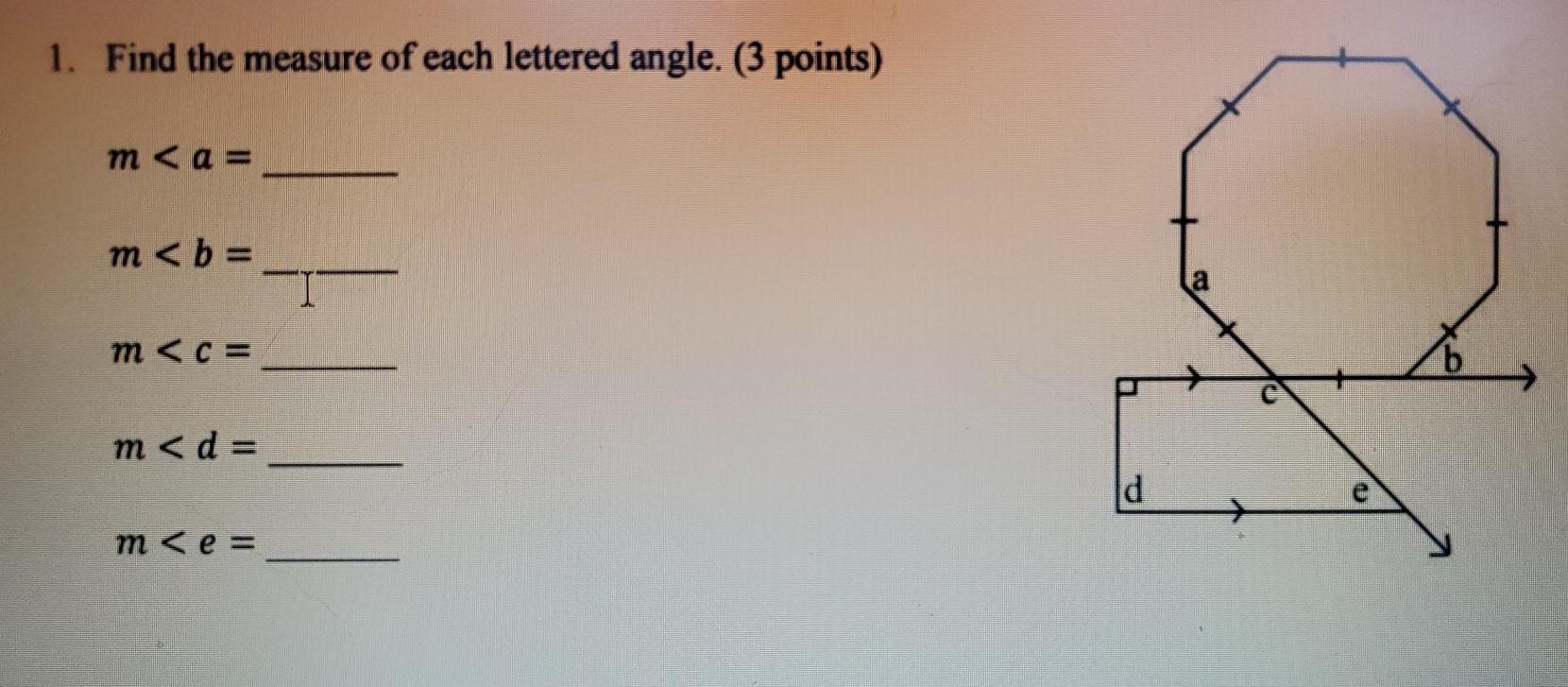 Solved 1. Find the measure of each lettered angle. (3 | Chegg.com