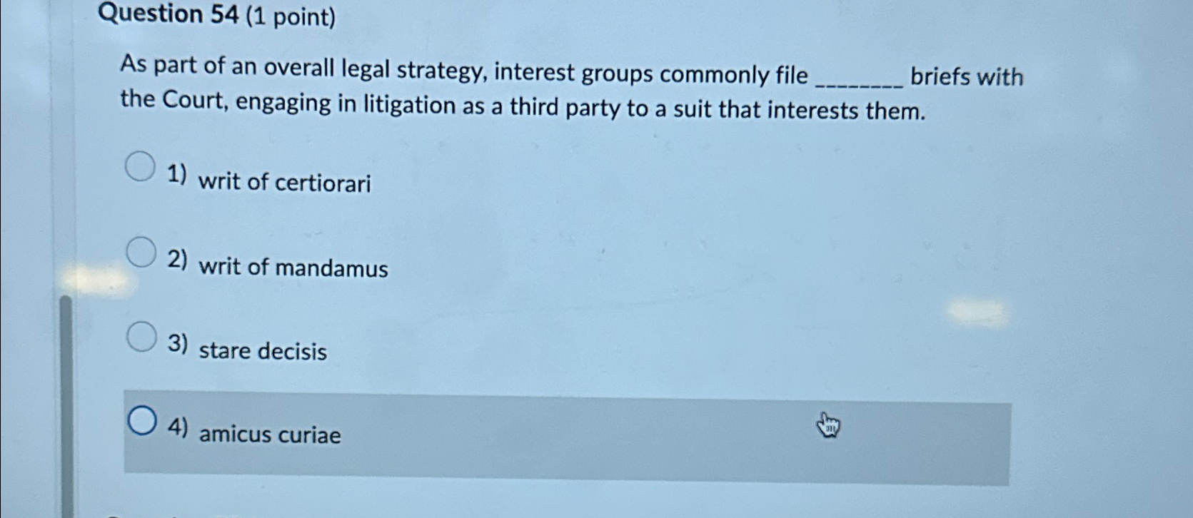 Solved Question 54 (1 ﻿point)As part of an overall legal | Chegg.com