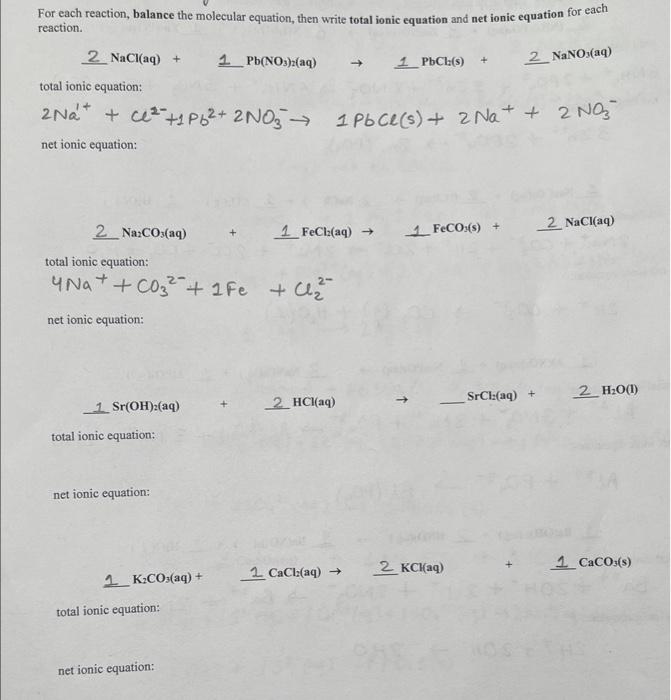Solved For each reaction, balance the molecular equation, | Chegg.com