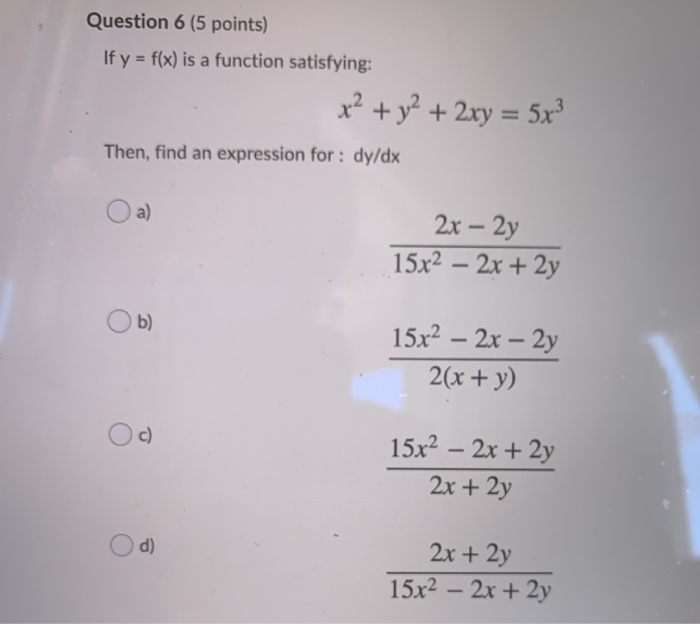 Solved Question 6 (5 points) If y = f(x) is a function | Chegg.com Solved Question 6 (5 points) If y = f(x) is a function | Chegg.com