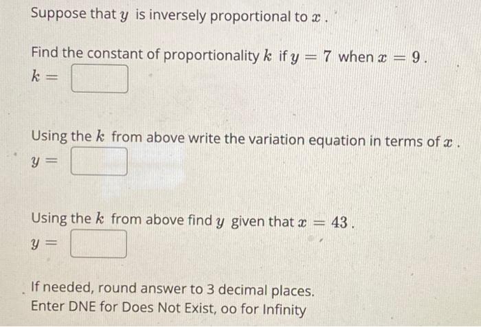 Solved Suppose that y is inversely proportional to x. Find | Chegg.com