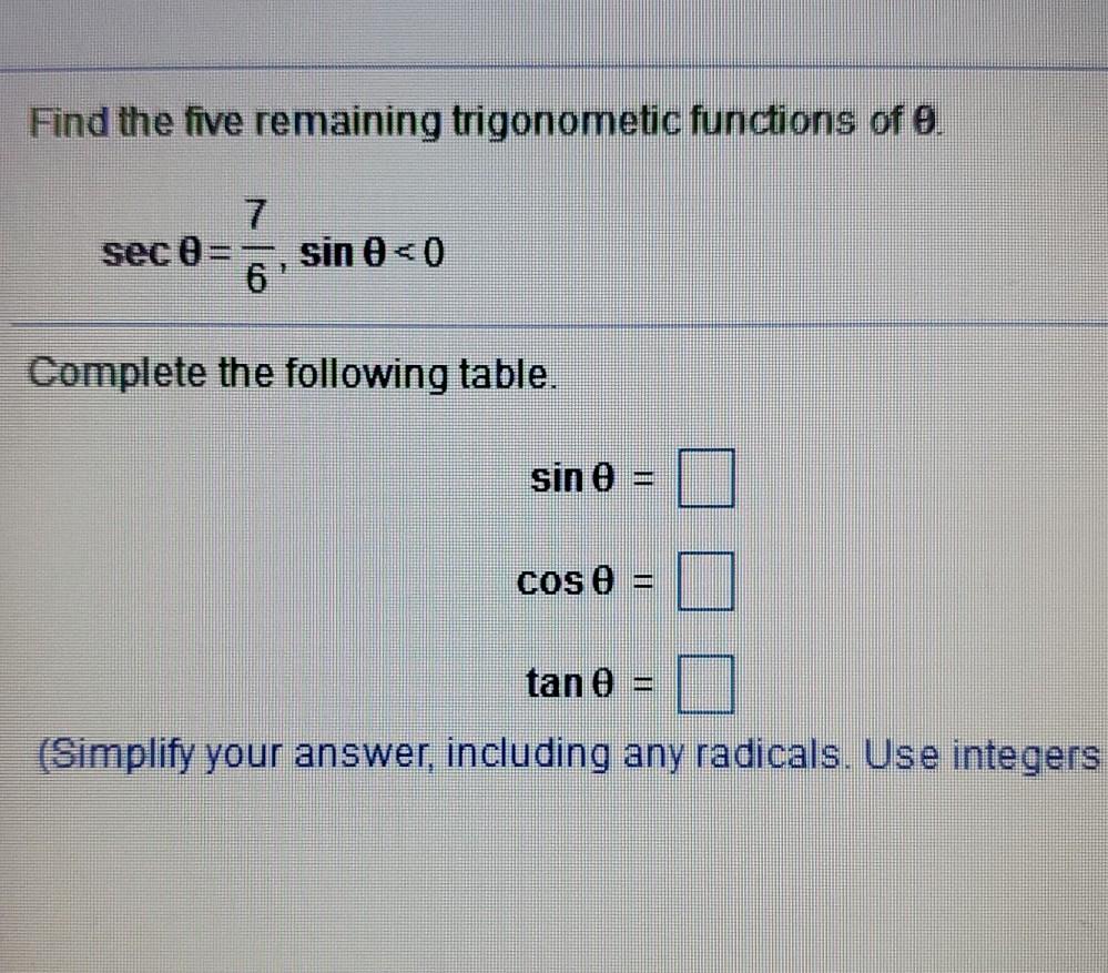 Solved Find the five remaining trigonometic functions of e. | Chegg.com
