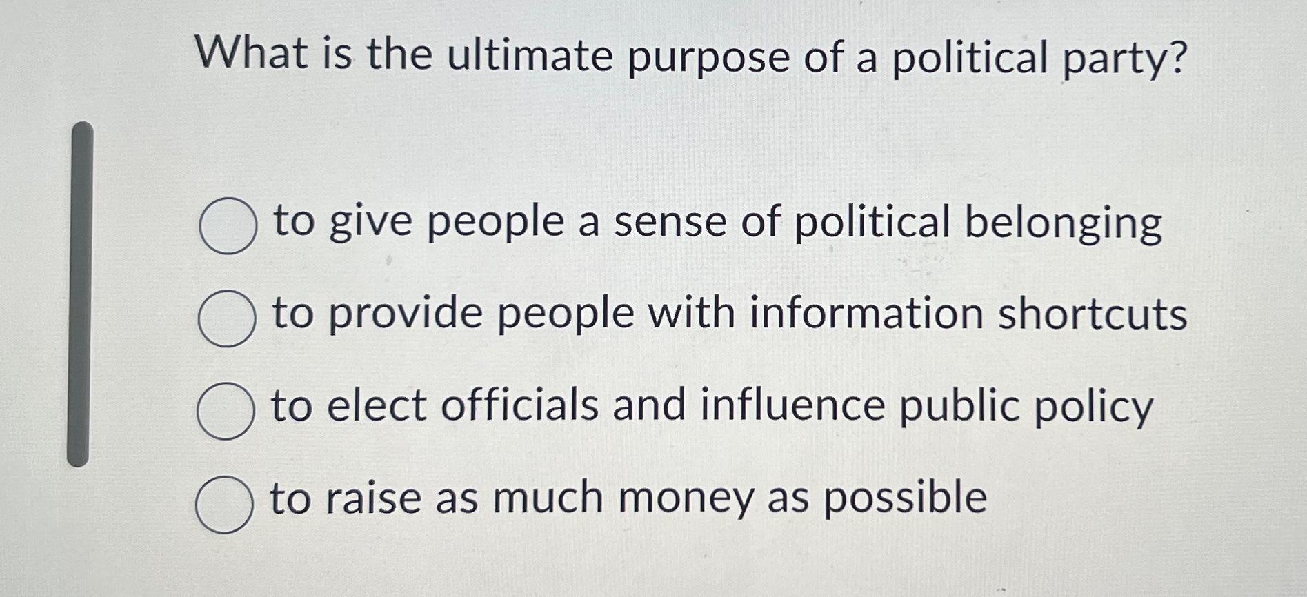 Solved What is the ultimate purpose of a political party?to | Chegg.com
