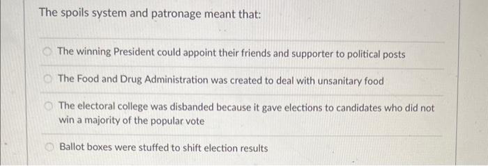 The spoils system and patronage meant that: The | Chegg.com