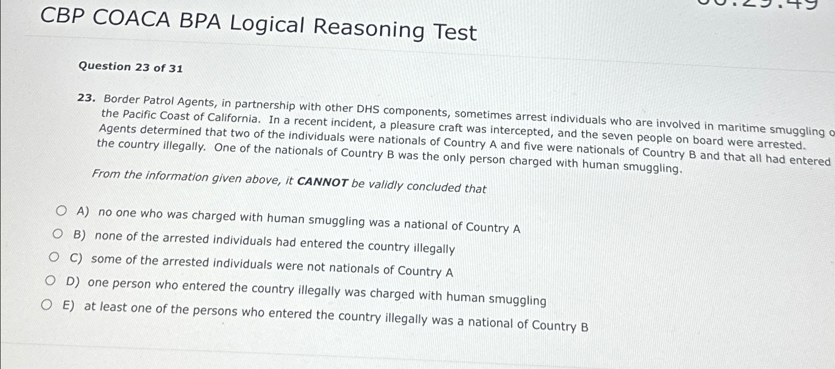 Solved CBP COACA BPA Logical Reasoning TestQuestion 23 ﻿of | Chegg.com