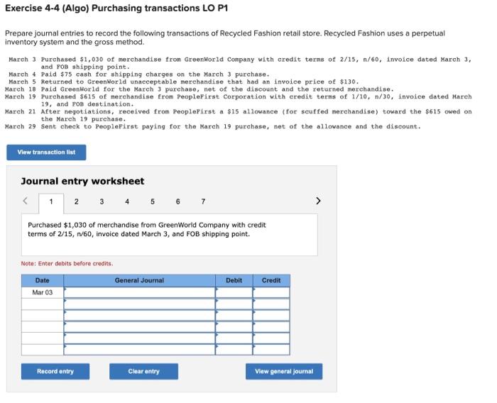 Solved Exercise 4-4 (Algo) Purchasing transactions LO P1 | Chegg.com Solved Exercise 4-4 (Algo) Purchasing transactions LO P1 | Chegg.com
