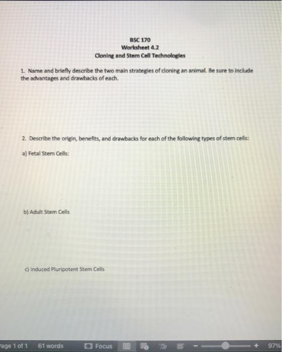 Solved BSC 170 Worksheet 4.2 Cloning and Stem Cell | Chegg.com