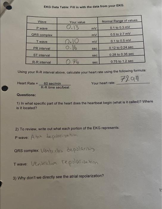 Solved EKG Data Table: Fill in with the data from your EKG. | Chegg.com
