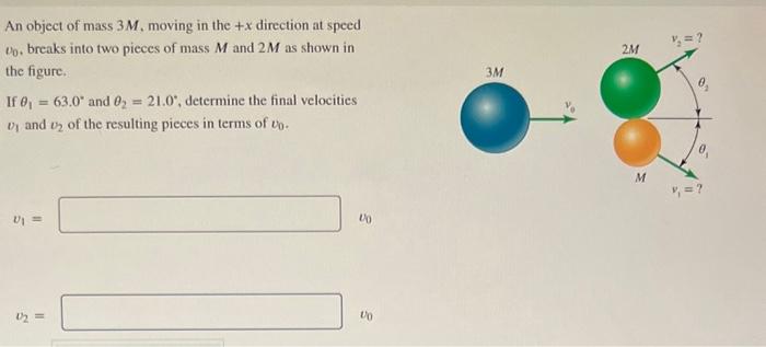 Solved An object of mass 3M, moving in the +x direction at | Chegg.com