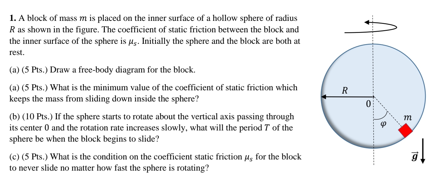Solved A block of mass m ﻿is placed on the inner surface of | Chegg.com