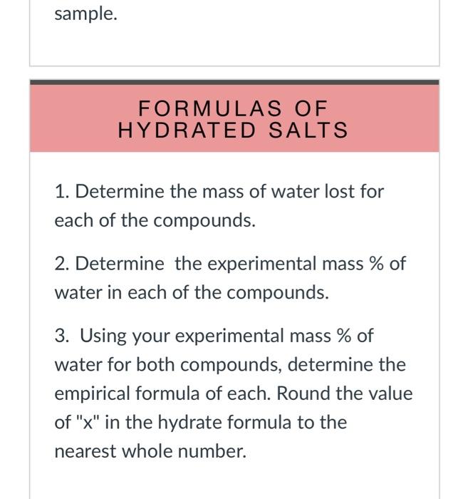 Solved sample. FORMULAS OF HYDRATED SALTS 1. Determine the | Chegg.com