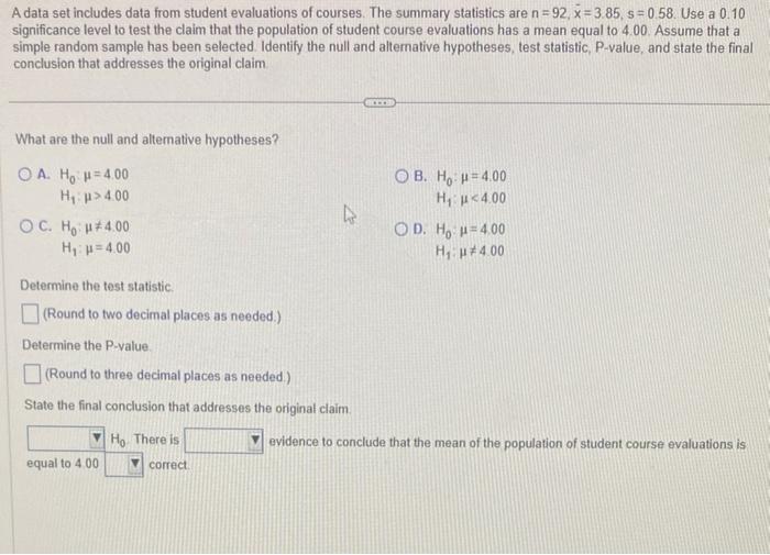 Solved A data set includes data from student evaluations of | Chegg.com