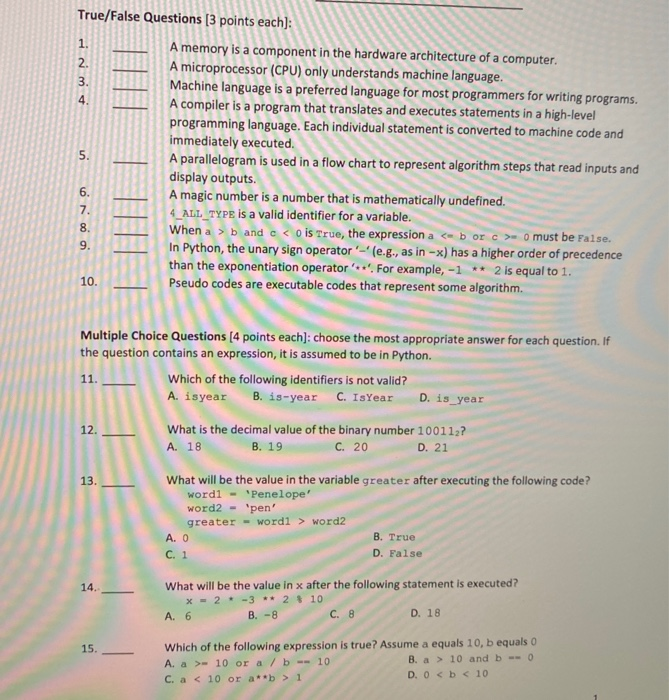 Solved True/False Questions (3 points each): 1. A memory is | Chegg.com