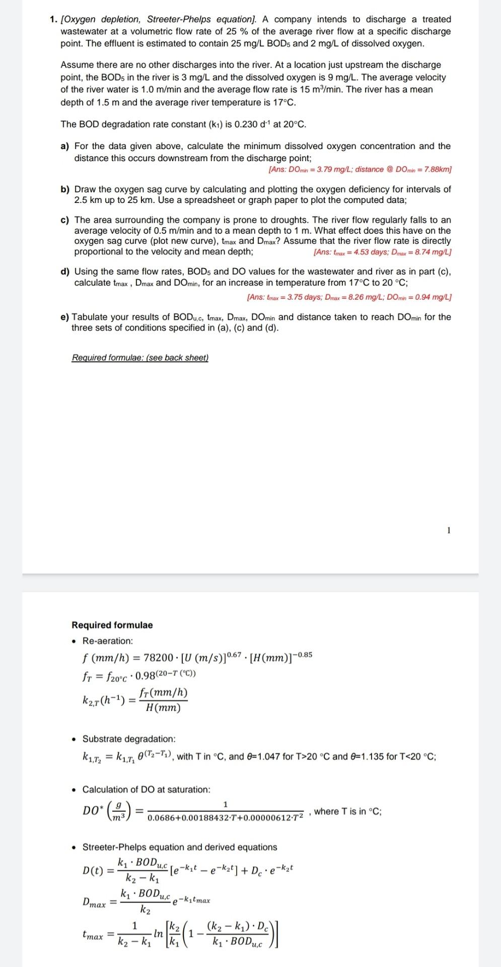1. (Oxygen depletion, Streeter-Phelps equation). A | Chegg.com
