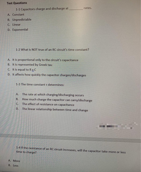Solved rates. Test Questions 1-1 Capacitors charge and | Chegg.com