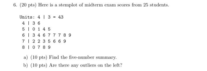 Solved 6. (20 pts) Here is a stemplot of midterm exam scores | Chegg.com