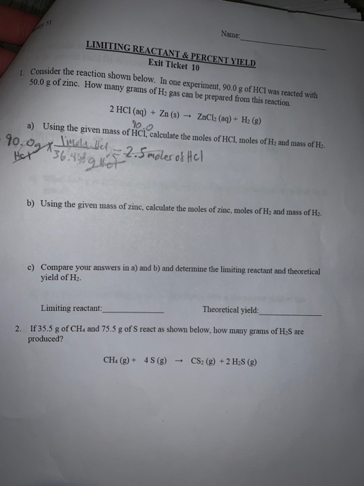 Solved Name: LIMITING REACTANT & PERCENT YIELD Exit Ticket | Chegg.com