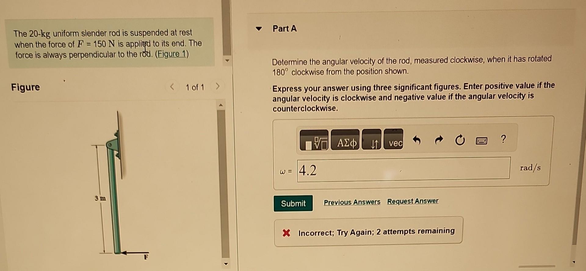 Solved The 20-kg uniform slender rod is suspended at rest | Chegg.com