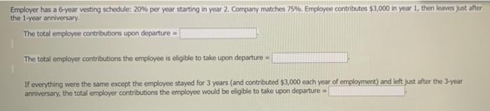 Solved Employer has a 6-year vesting schedule: 20% per year | Chegg.com