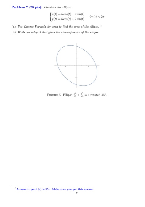 Solved Problem 7 (20 pts). Consider the ellipse =(t) = 5 | Chegg.com