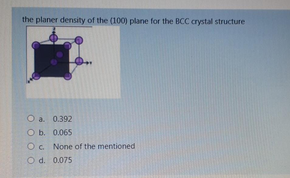 Solved the planer density of the (100) plane for the BCC | Chegg.com