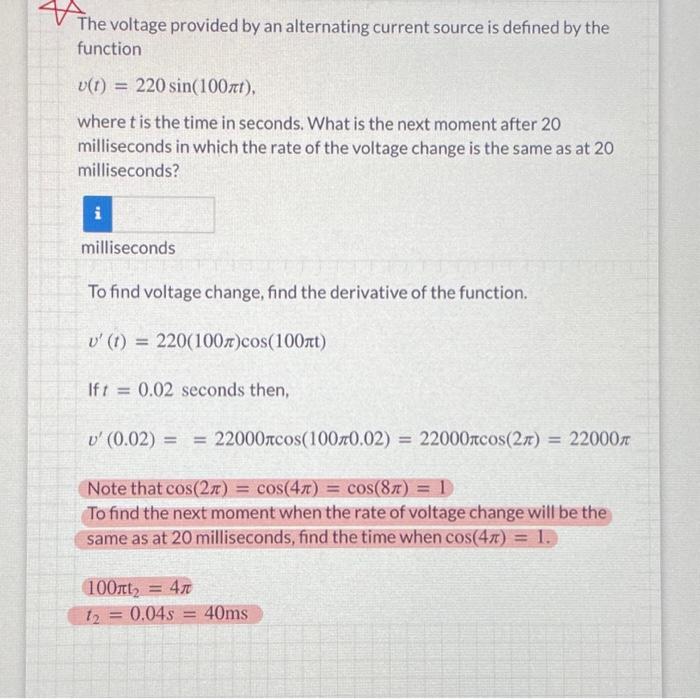 Solved The voltage provided by an alternating current source | Chegg.com