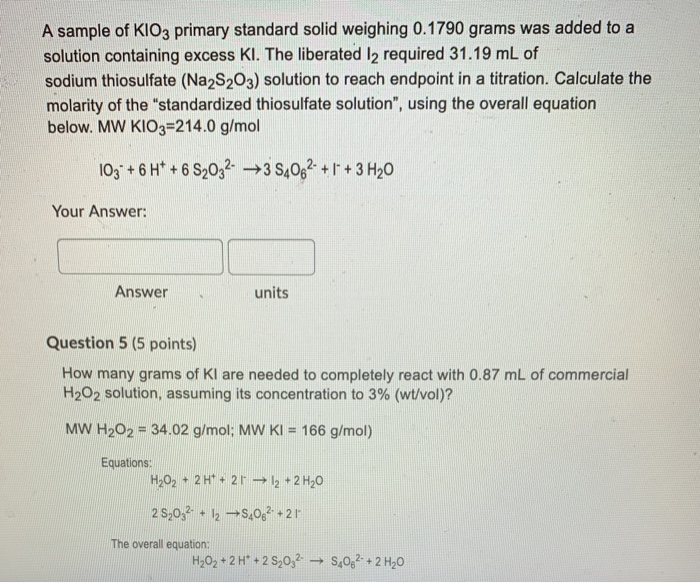 Solved A sample of KIO3 primary standard solid weighing | Chegg.com