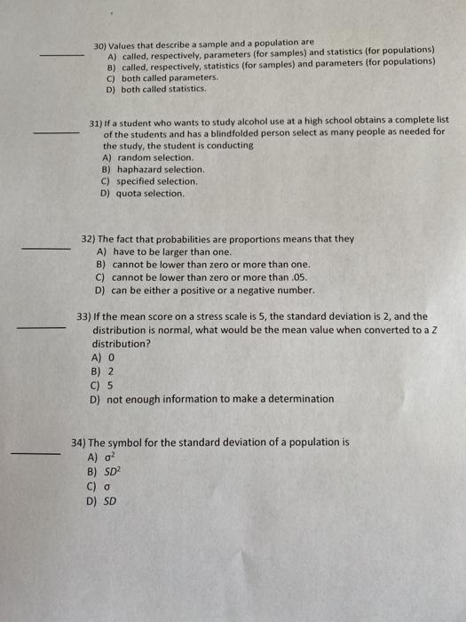 Solved 30) Values that describe a sample and a population | Chegg.com