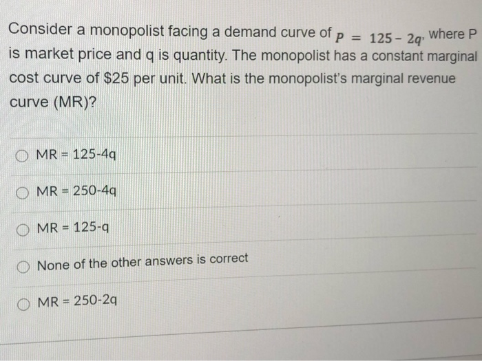 Solved Consider a monopolist facing a demand curve of p = | Chegg.com