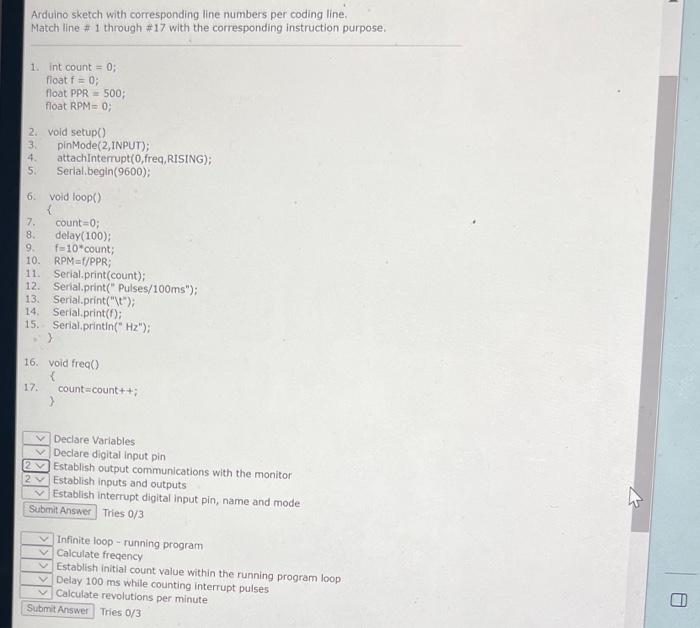 Solved Arduino sketch with corresponding line numbers per | Chegg.com